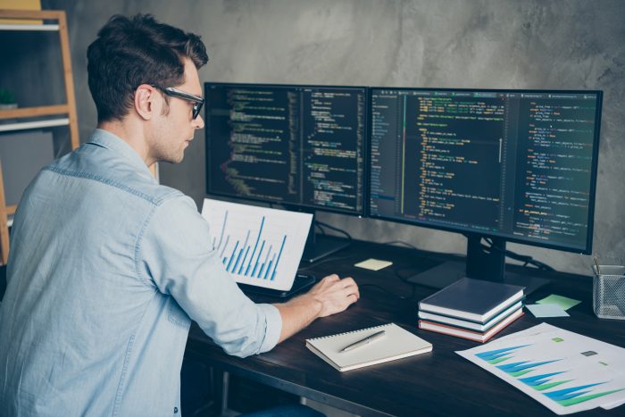 Profile Side View Portrait Of His He Nice Attractive Focused Skilled Guy Geek Coding Programming